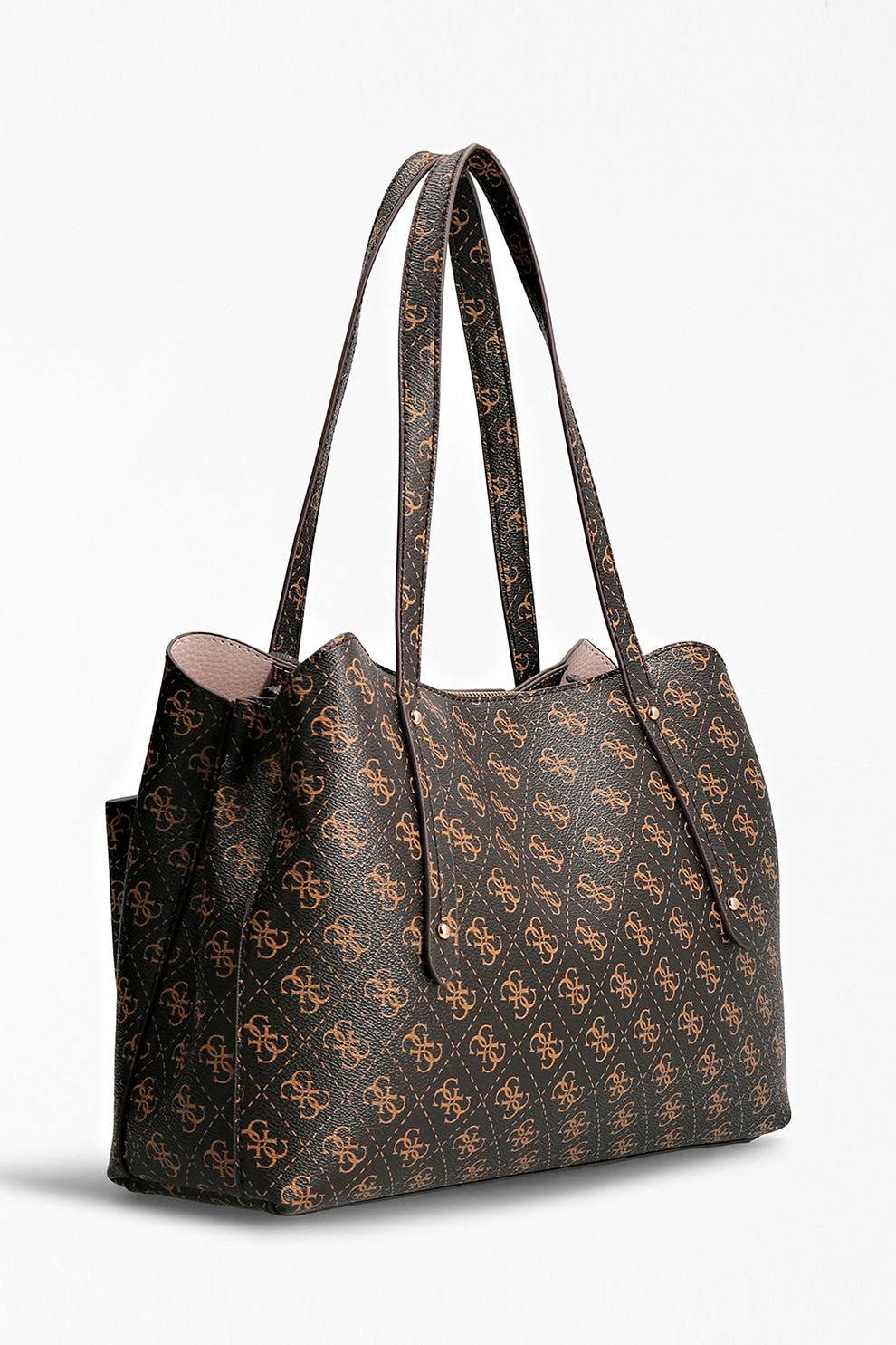 Guess, Geanta mare de piele ecologica cu model, Maro inchis, Ocru - eMAG.ro