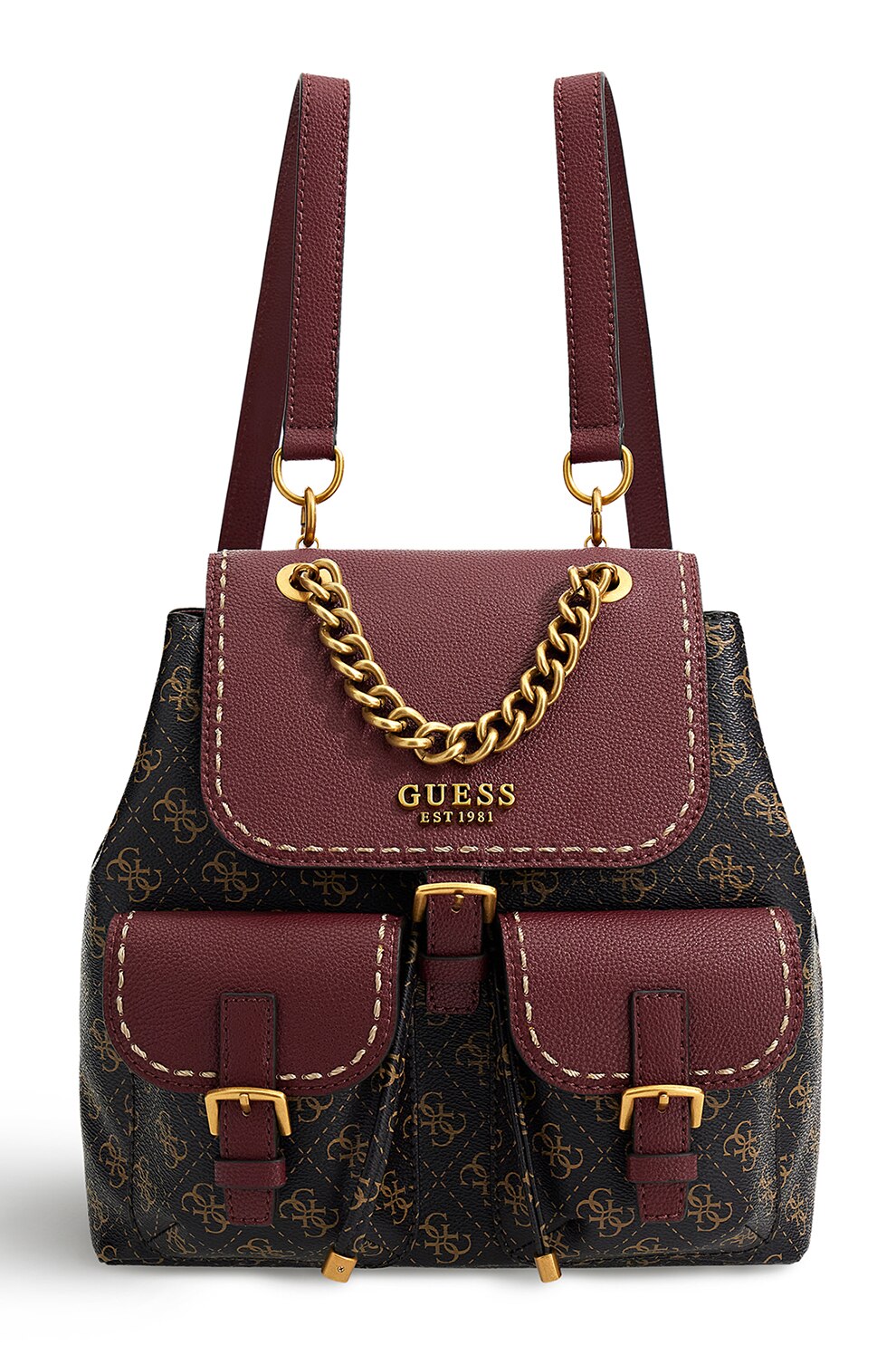 Guess, Rucsac de piele ecologica cu imprimeu monograma, Maro camel ...