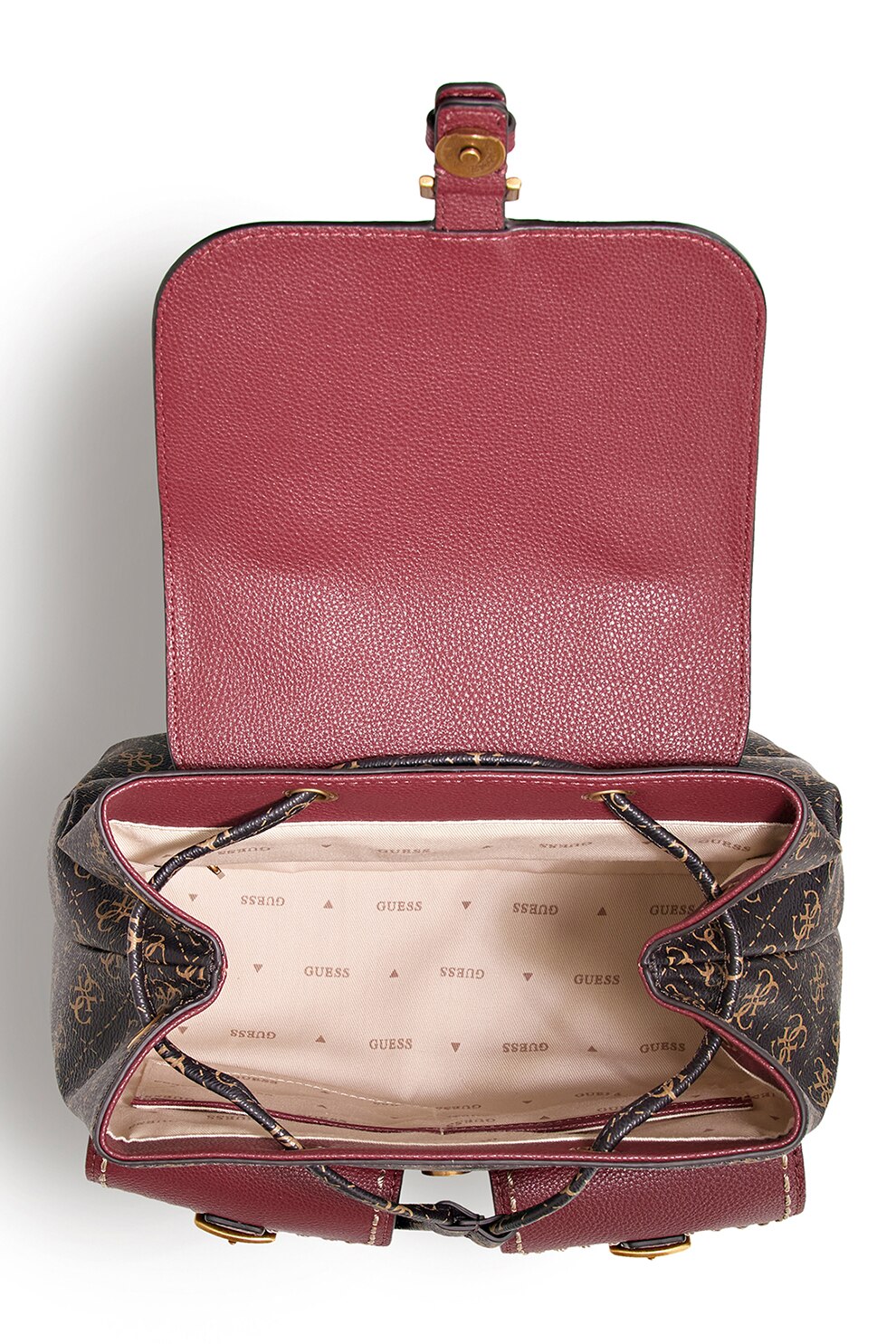 Guess, Rucsac de piele ecologica cu imprimeu monograma, Maro camel ...