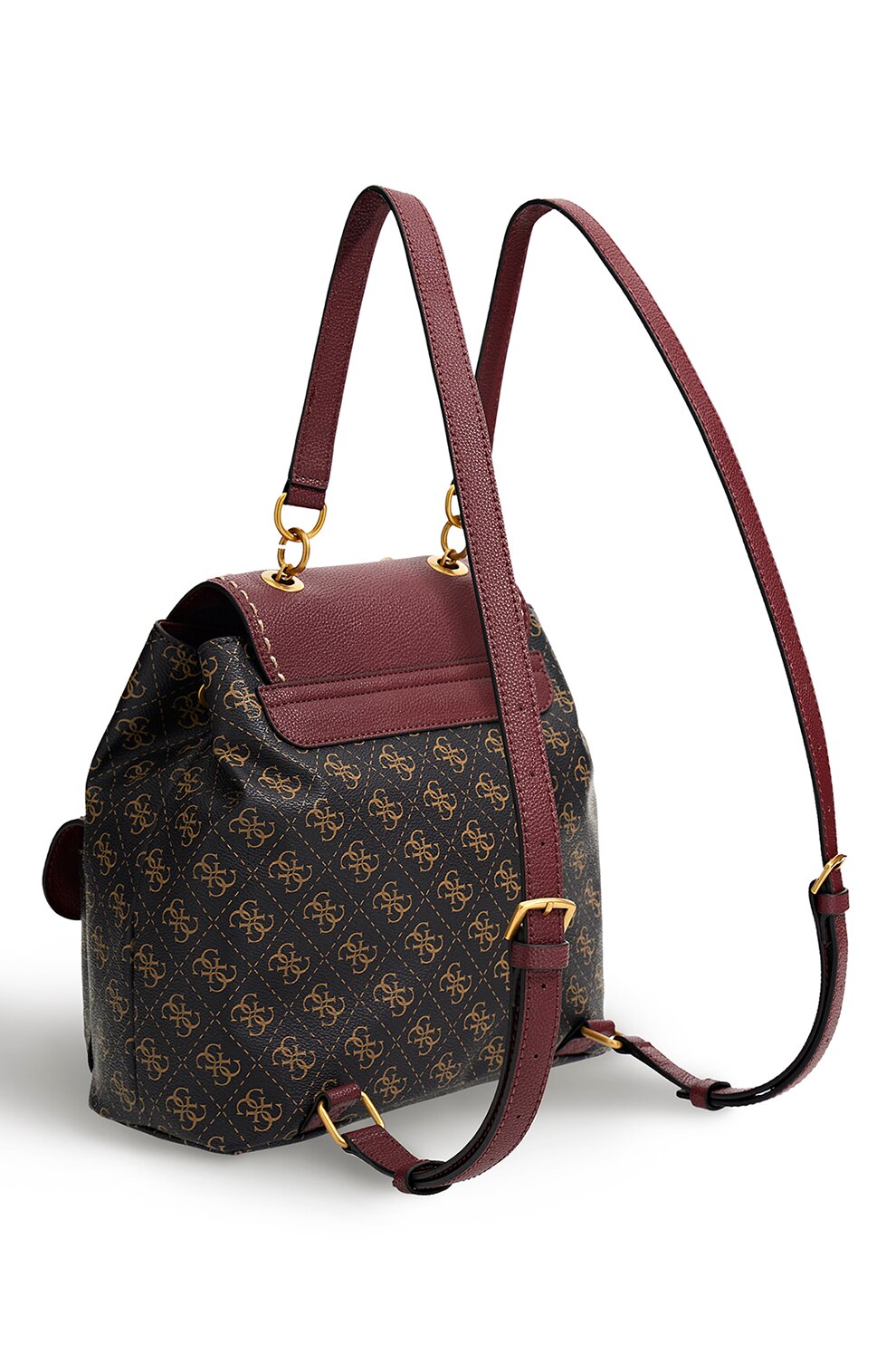 Guess, Rucsac de piele ecologica cu imprimeu monograma, Maro camel ...
