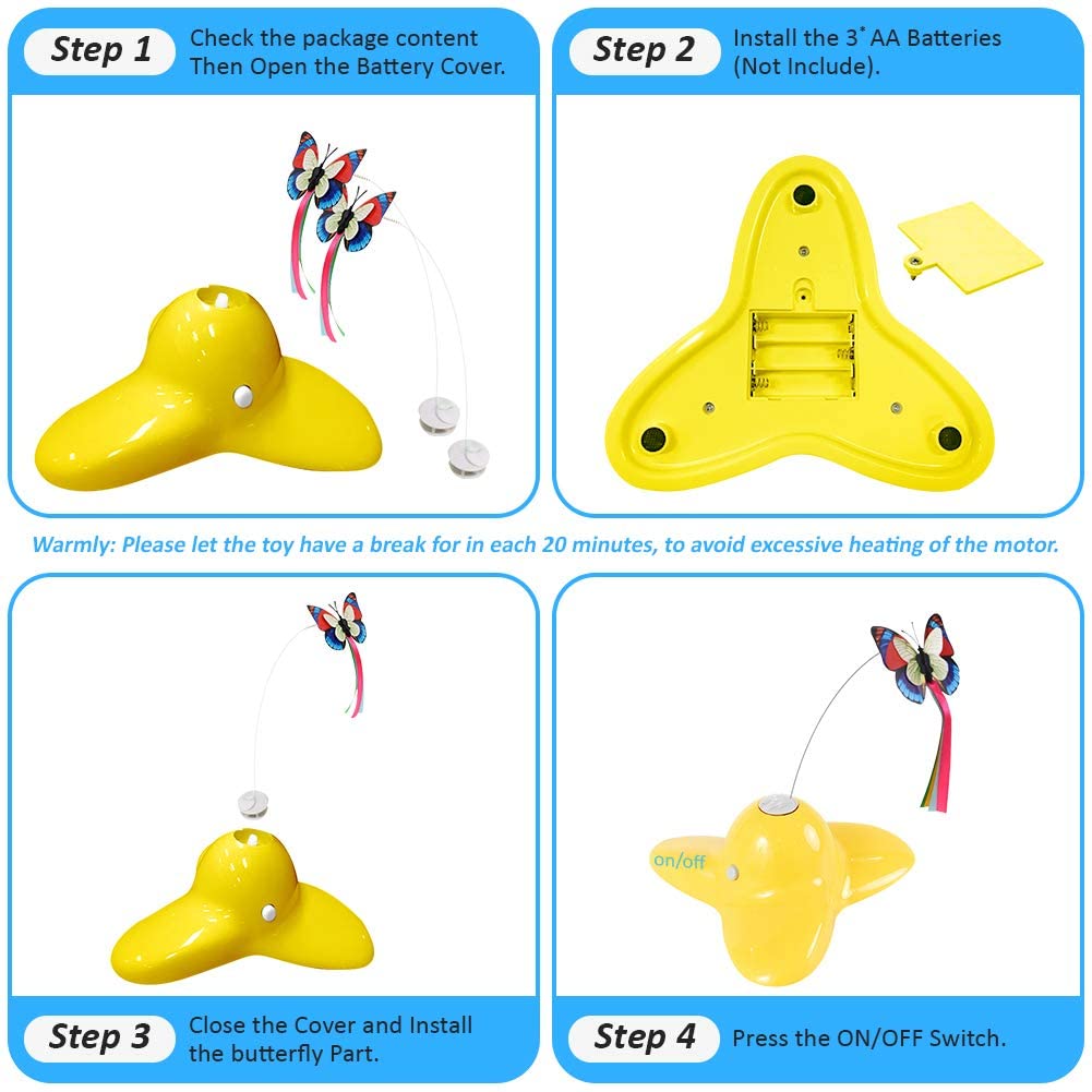 Jucarie interactiva pentru pisici, Plastic, Rotativa, Fluture, Galben ...