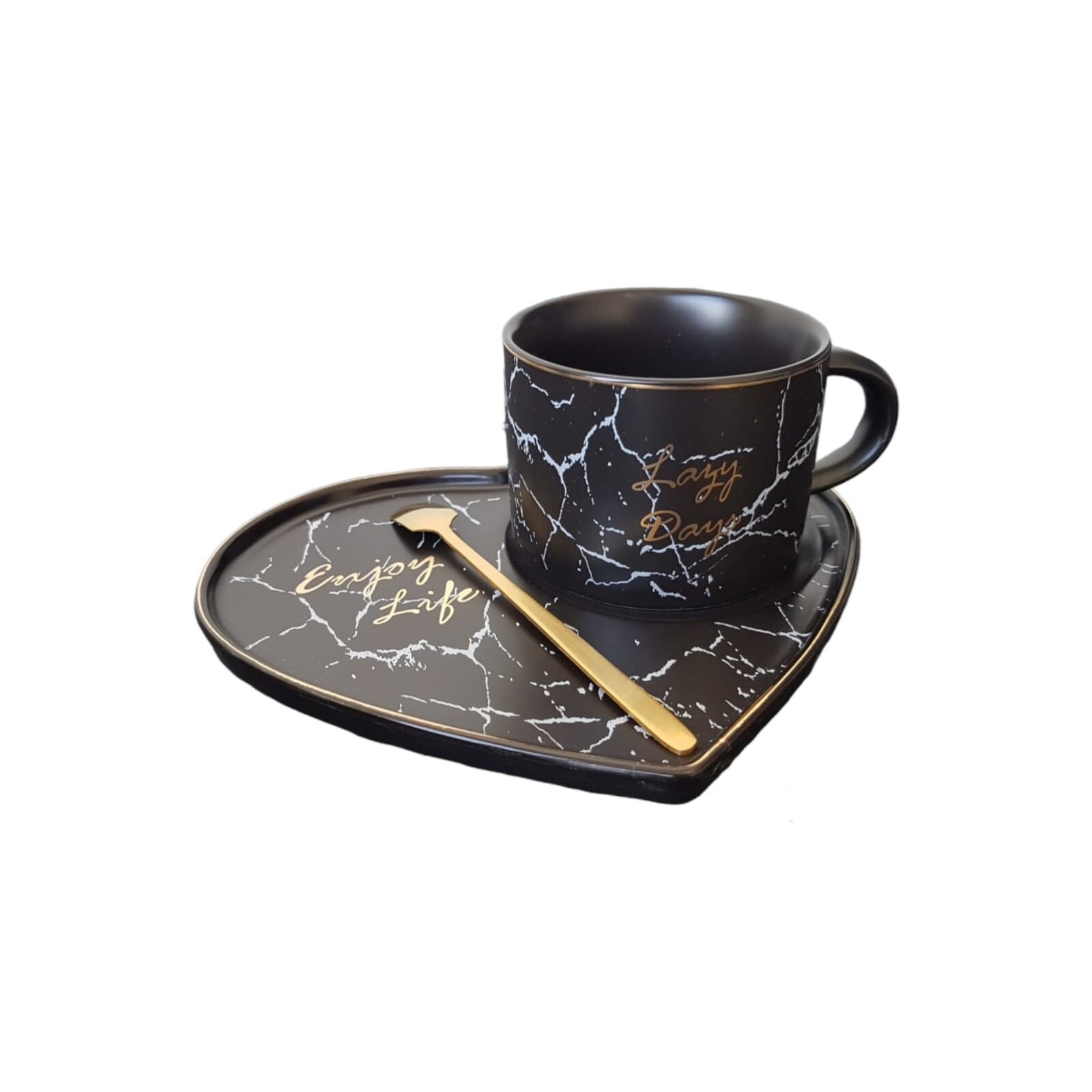 Ceasca cu farfurioara, in forma de inima, cu lingurita, ceramica, negru ...