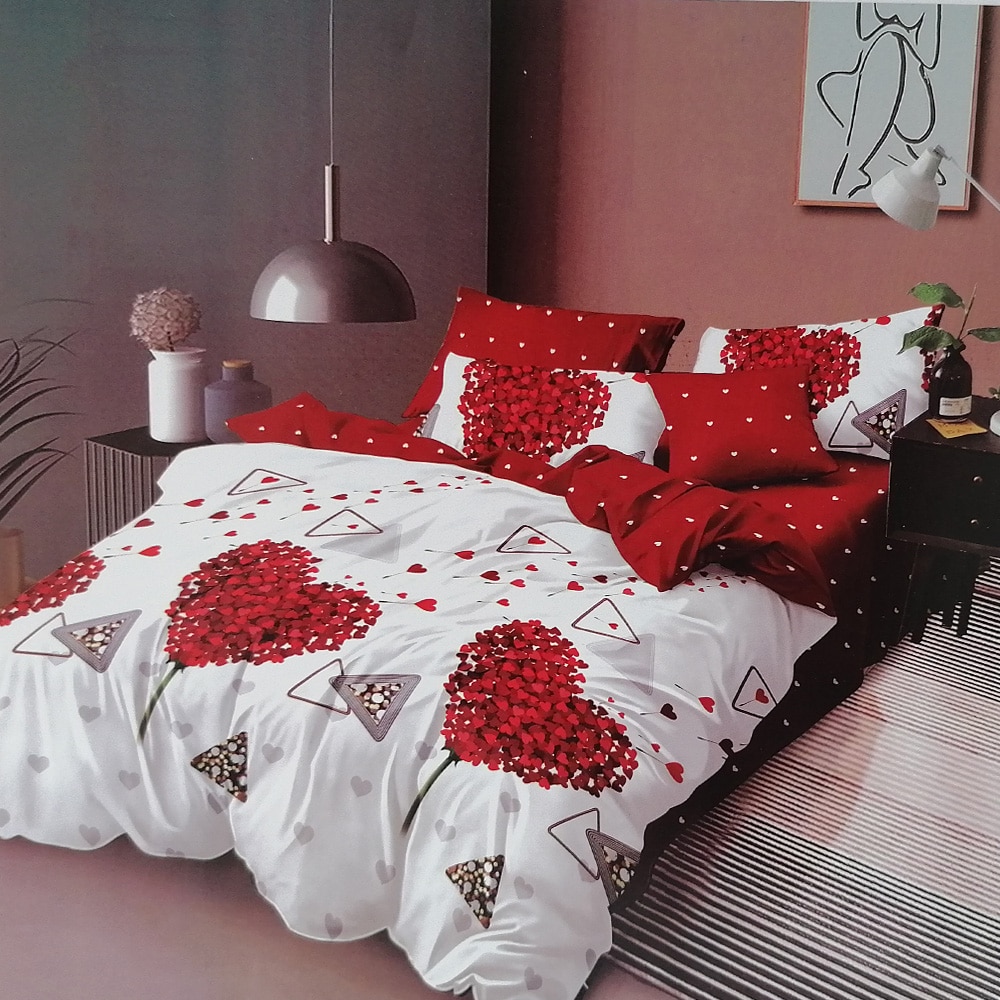 Lenjerie de Pat din Finet 6 Piese Pat Dublu Model Floral Rosu Alb ...