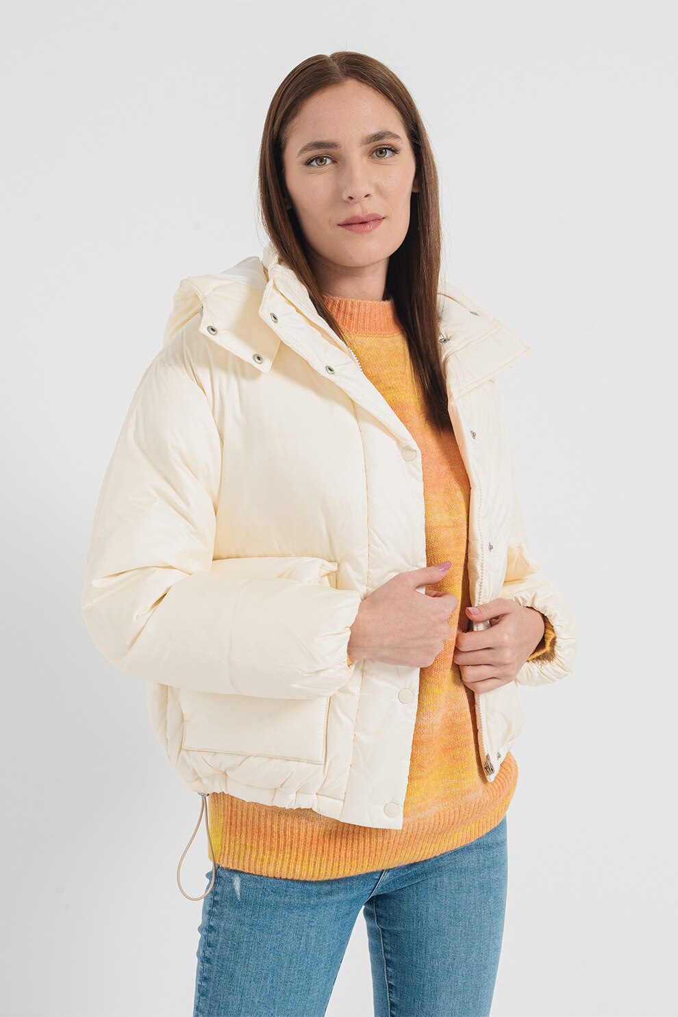 Levi's, Geaca cu umplutura de puf si gluga detasabila, Alb murdar, M ...