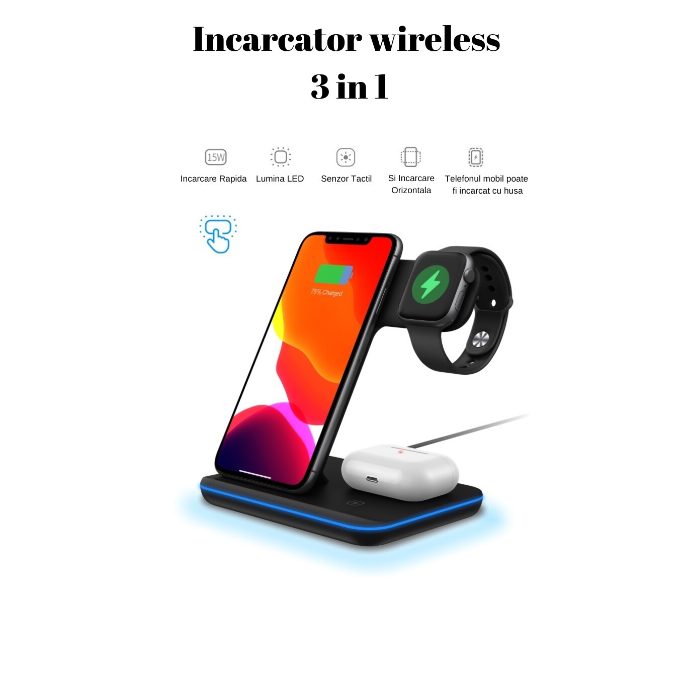 Incarcator Wireless, Statie Incarcare 3 in 1, Fast Charger 15W ...