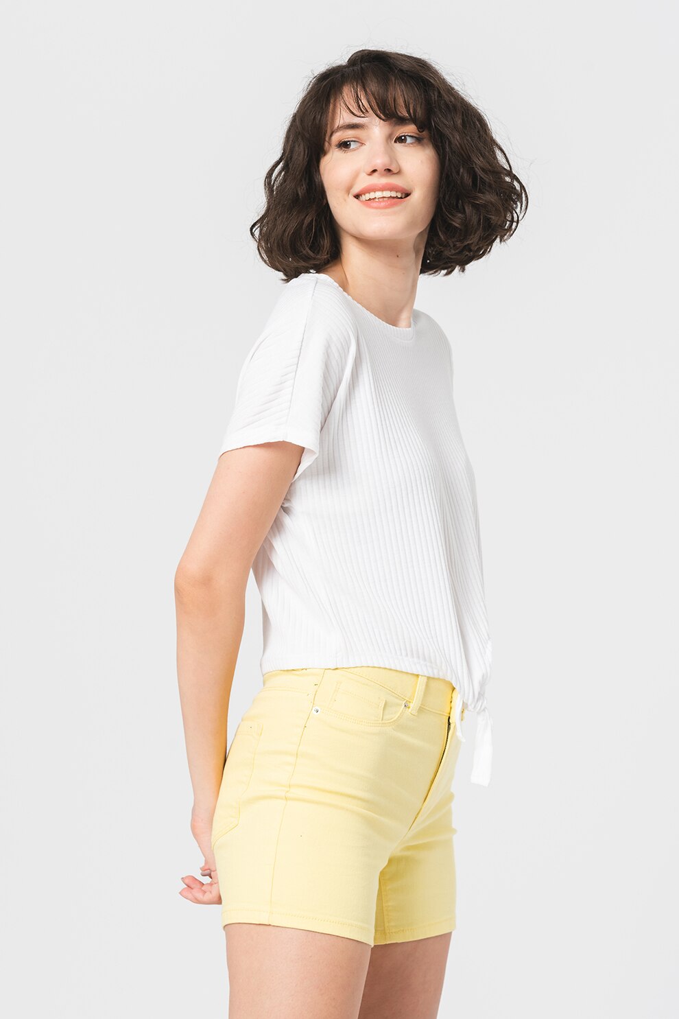 Only, Emma bordázott póló megköthető csomóval az alsó szegélyén, Fehér ...