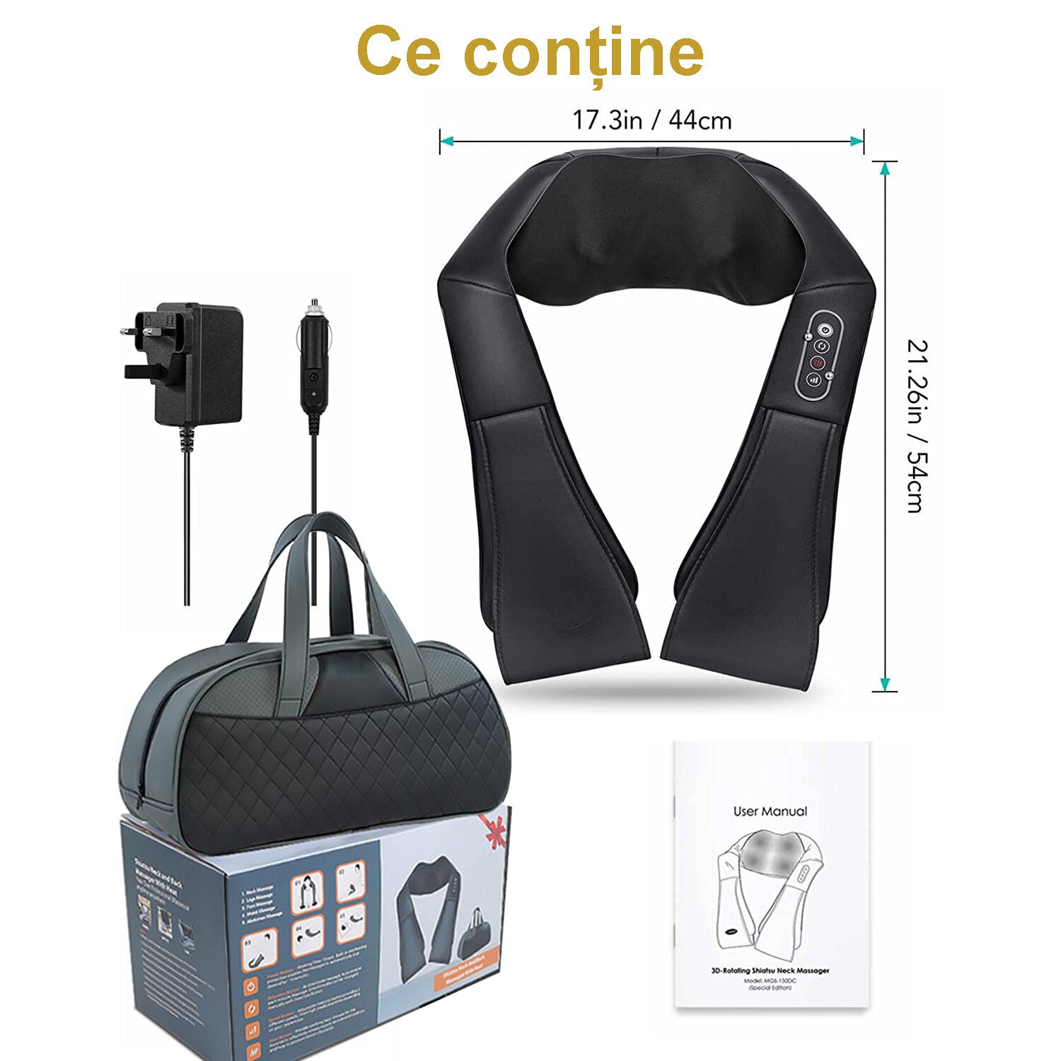 Aparat masaj cervical/lombar/abdomen/picioare, Portabil, Shiatsu, Negru ...