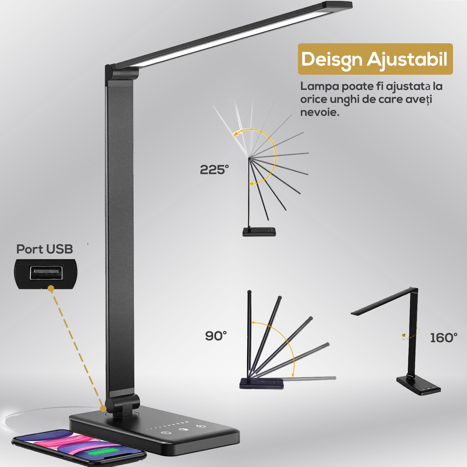 Lampa LED birou, incarcare wireless pentru IOS Android, 5 moduri lumina ...