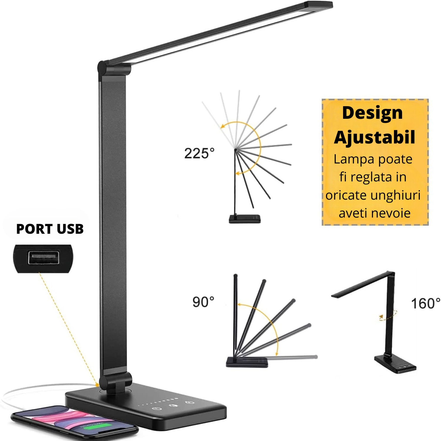 Lampa LED birou, incarcare wireless pentru IOS Android, 5 moduri lumina ...