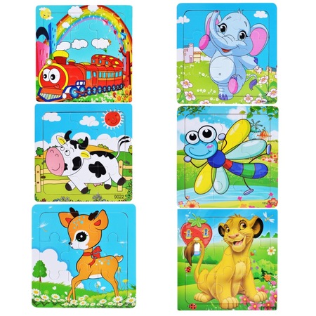 Set 6 puzzle-uri copii, Lemn, 2 ani+, Multicolor, Animale, Tren - eMAG.ro