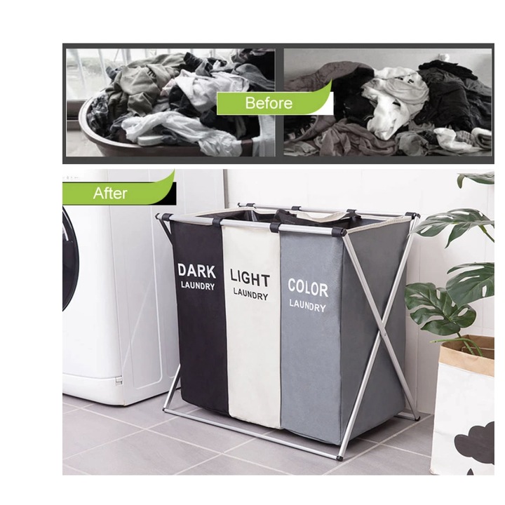 Cos pentru rufe cu 3 compartimente, Multicolor, 68 x 38 x 60 cm - eMAG.ro