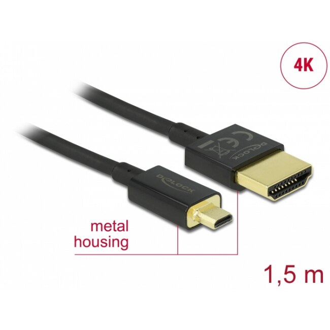 Кабел Delock HDMI-A мъжко - Micro HDMI-D мъжко,18 Gbit/s, 4K, 1.5 м ...