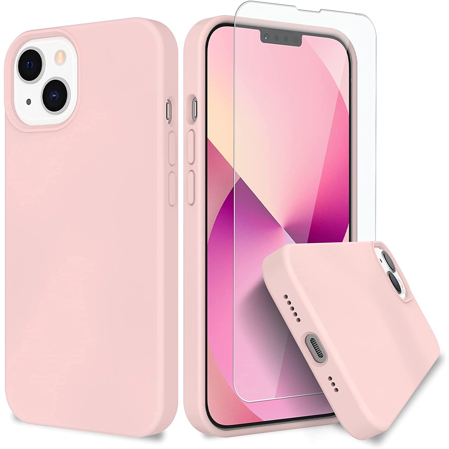 Set husa cu folie protectie, Silicon, Compatibil cu iPhone 13, Roz ...