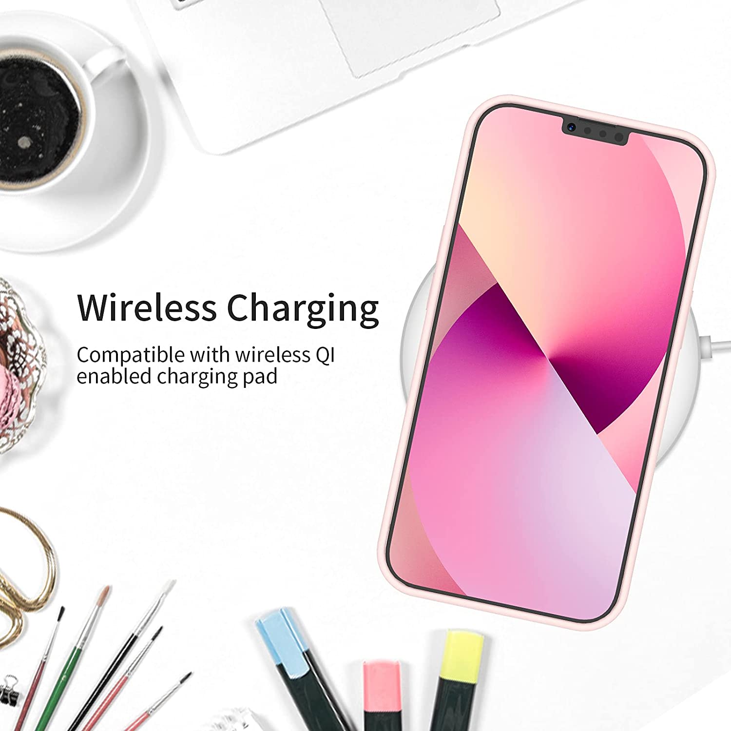 Set husa cu folie protectie, Silicon, Compatibil cu iPhone 13, Roz ...