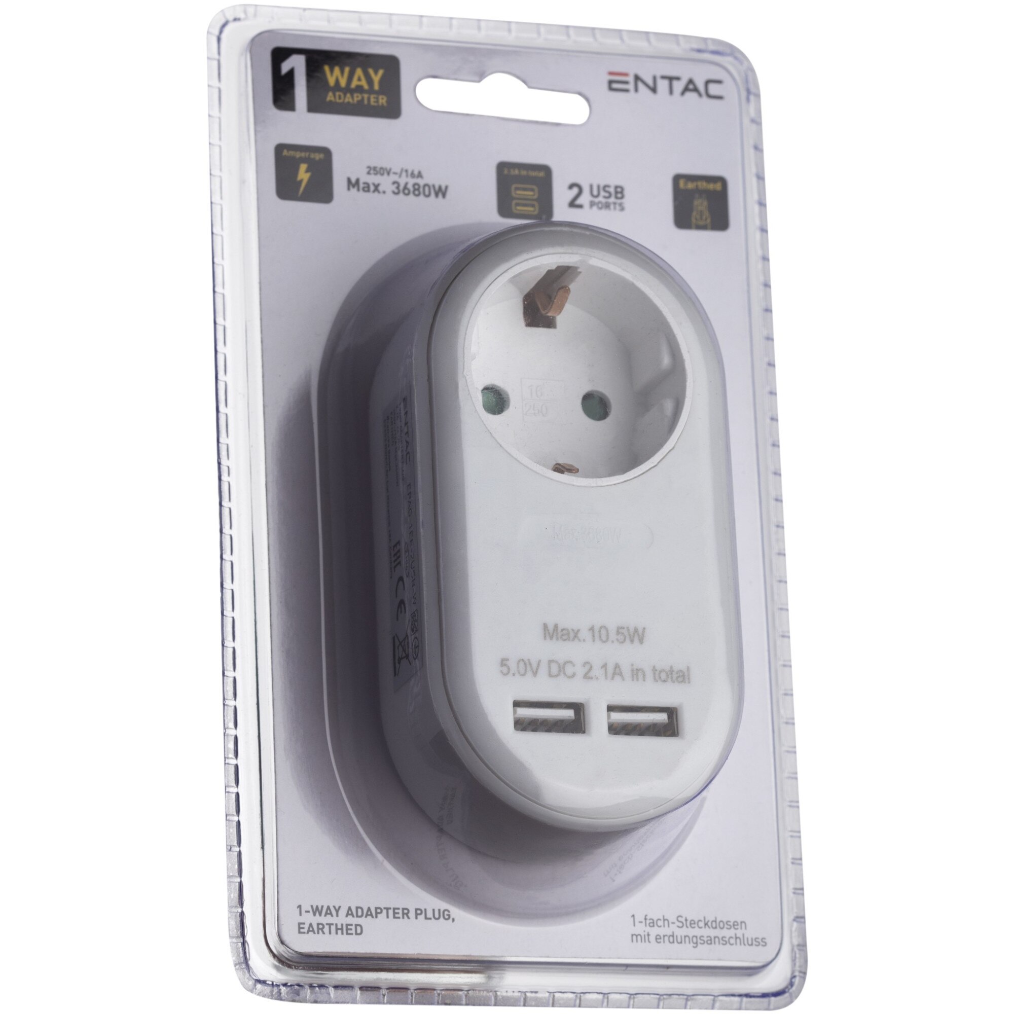 Adaptor priza Entac, 2xUSB, 2.1A, Schuko, IP20, Alb - eMAG.ro
