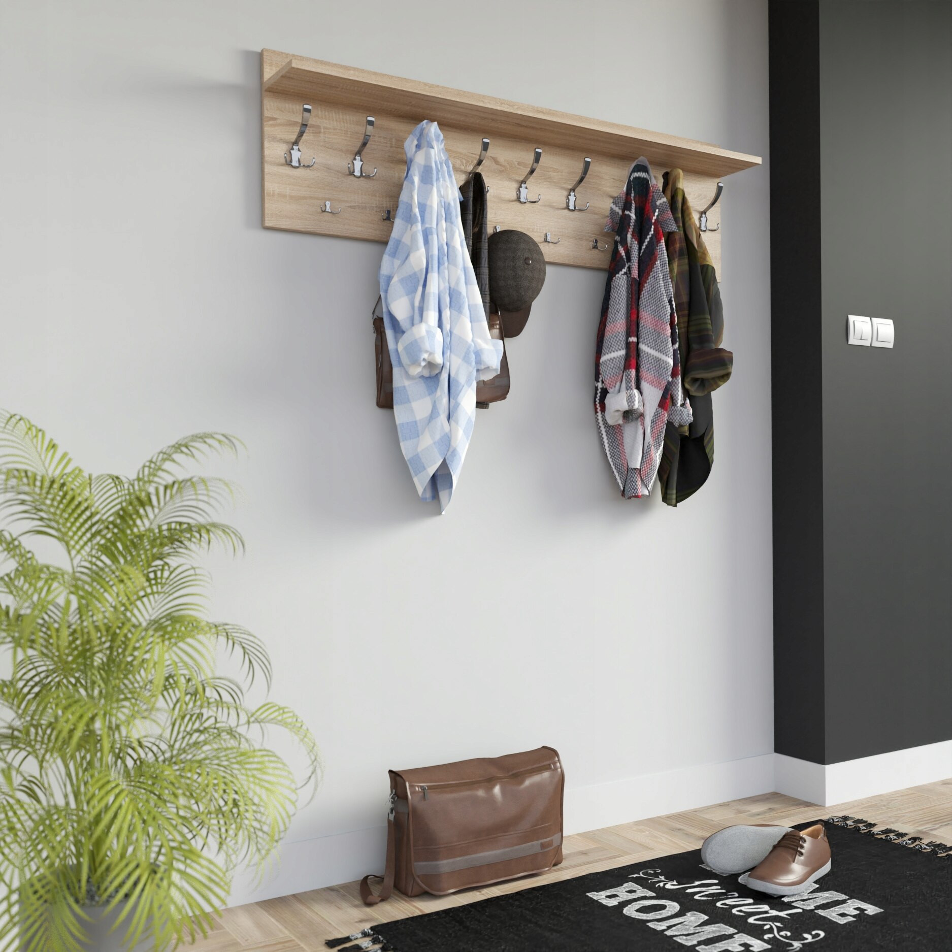 Cuier de perete, PAL, Carlige satin, 140 x 40cm, Stejar sonoma - eMAG.ro