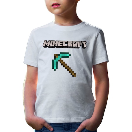 Тениска Детска Minecraft Logo Stone Pickaxe Open World Pixels, Бял ...