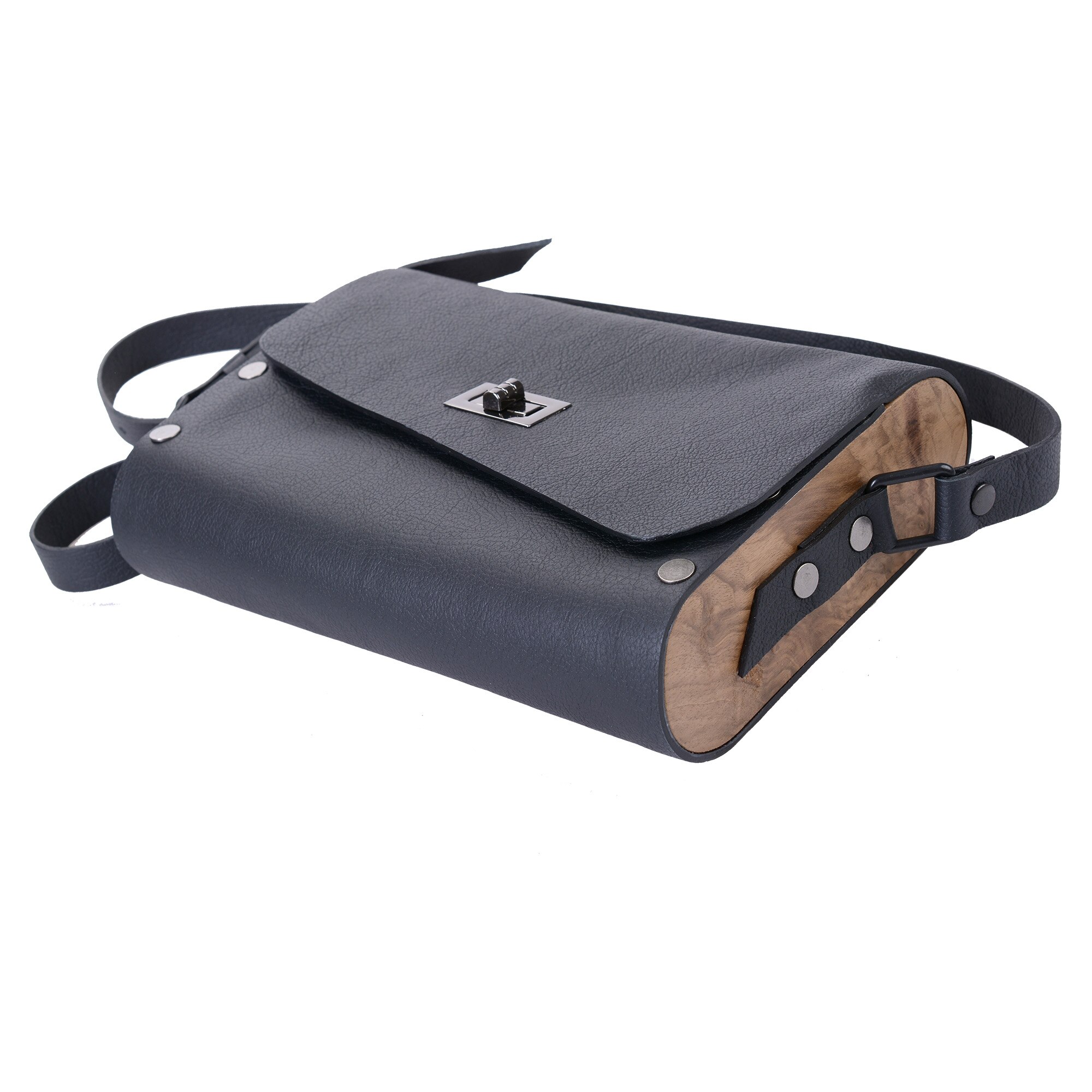 Geanta dama din piele naturala si lemn, Katy, Handmade, Neagra - eMAG.ro