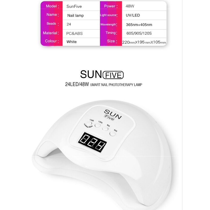 Комбинирана лампа за маникюр и педикюр Sun Five, 48W, 24 броя UV LED, 4 ...