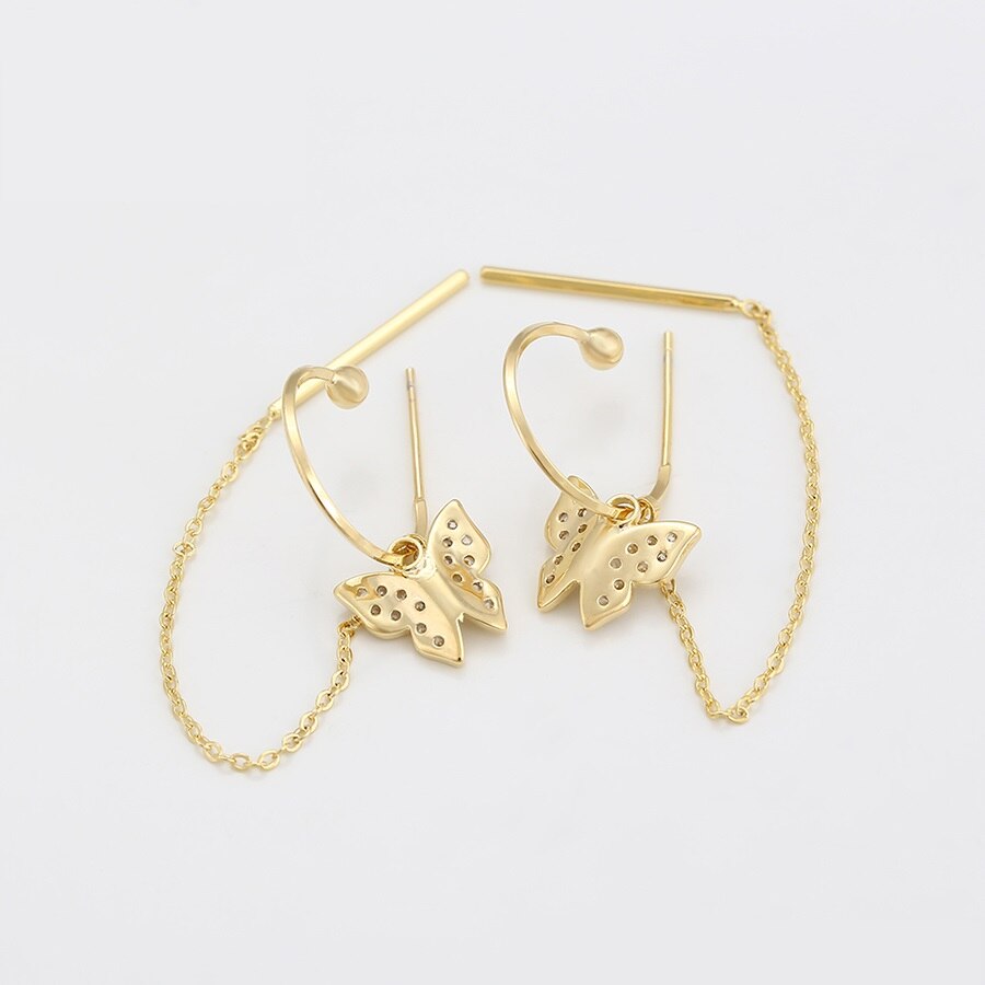 Cercei lungi dublu placati cu aur de 14 K, model fluture cu lantisor ...
