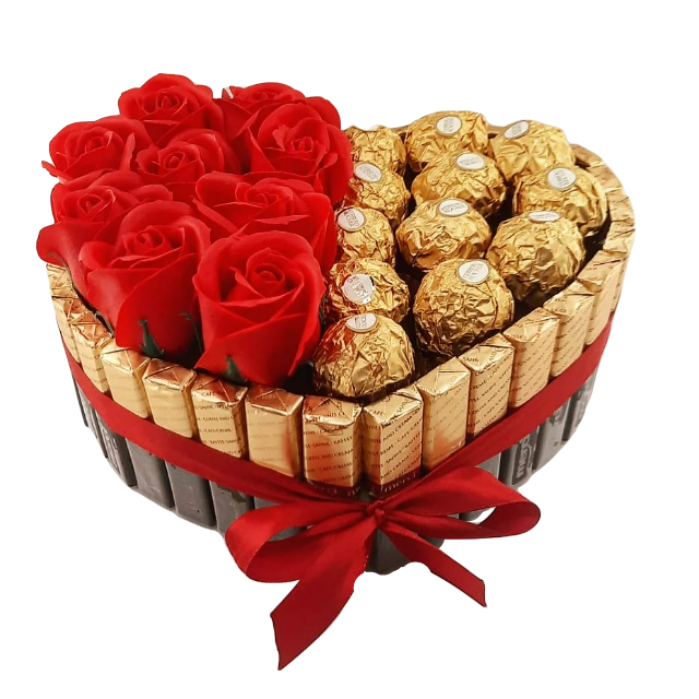 Cadou in forma de inima cu praline si batoane de ciocolata si ...