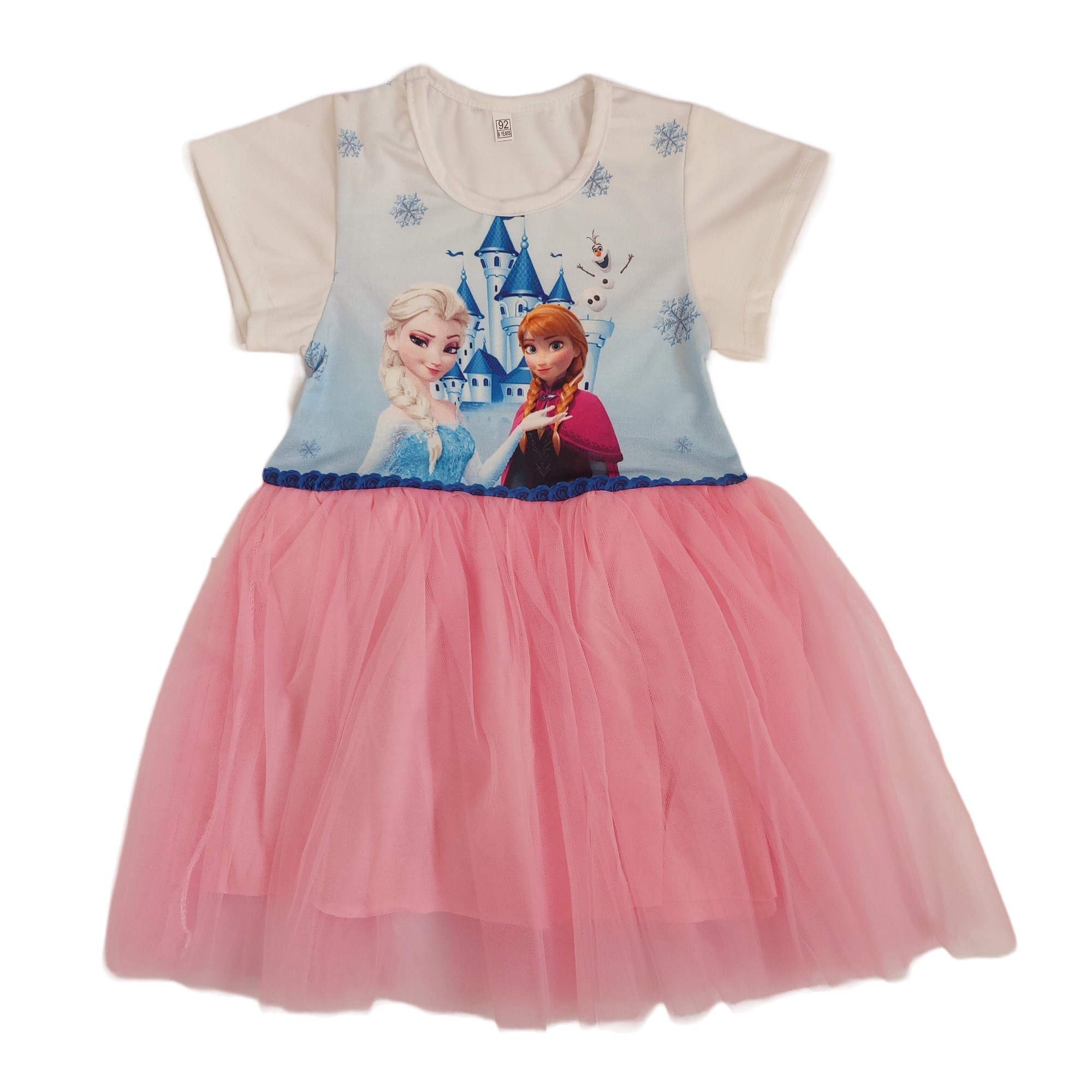 Rochie pentru fetite, Model Frozen cu Anna si Elsa, Tul si Bumbac, Roz ...