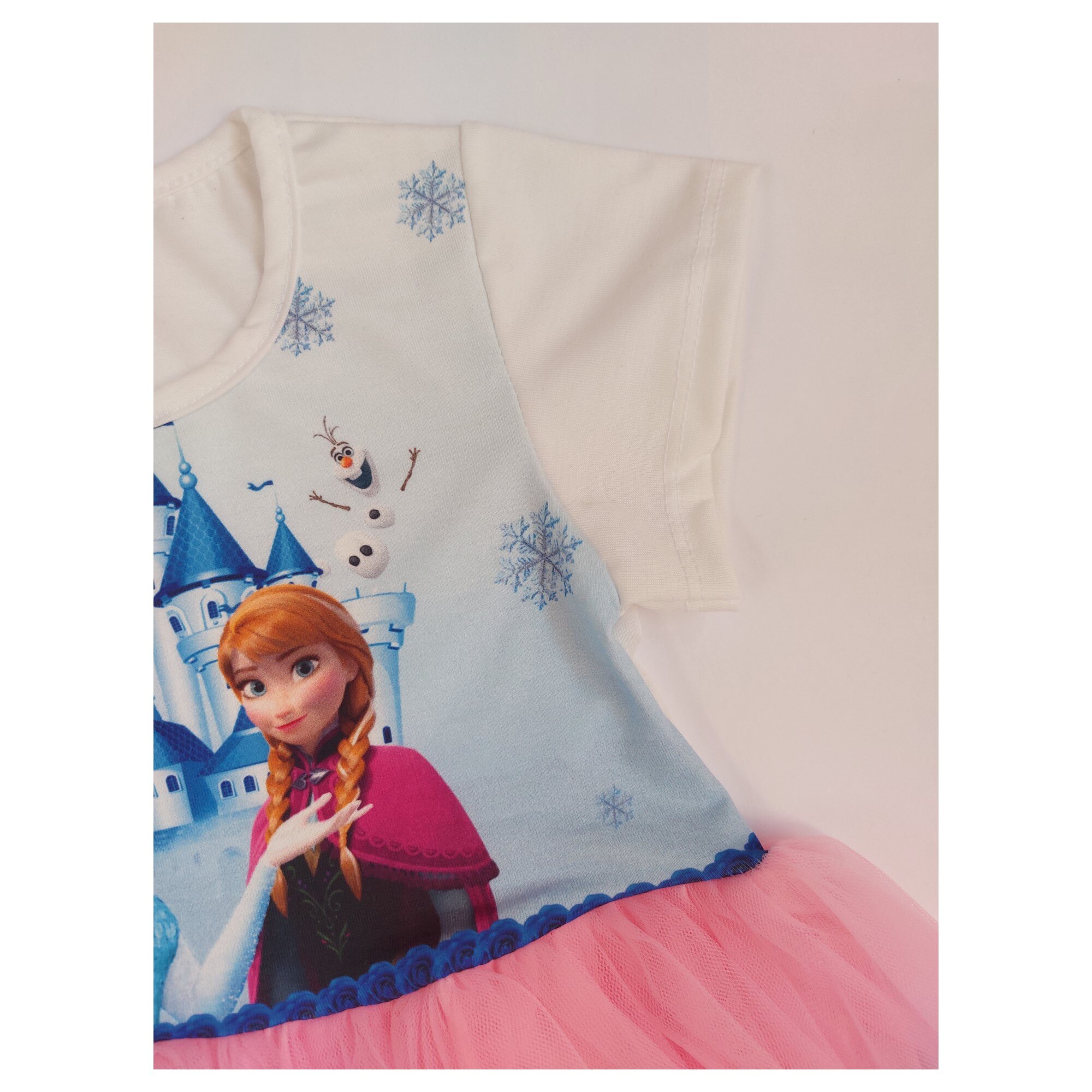 Rochie pentru fetite, Model Frozen cu Anna si Elsa, Tul si Bumbac, Roz ...