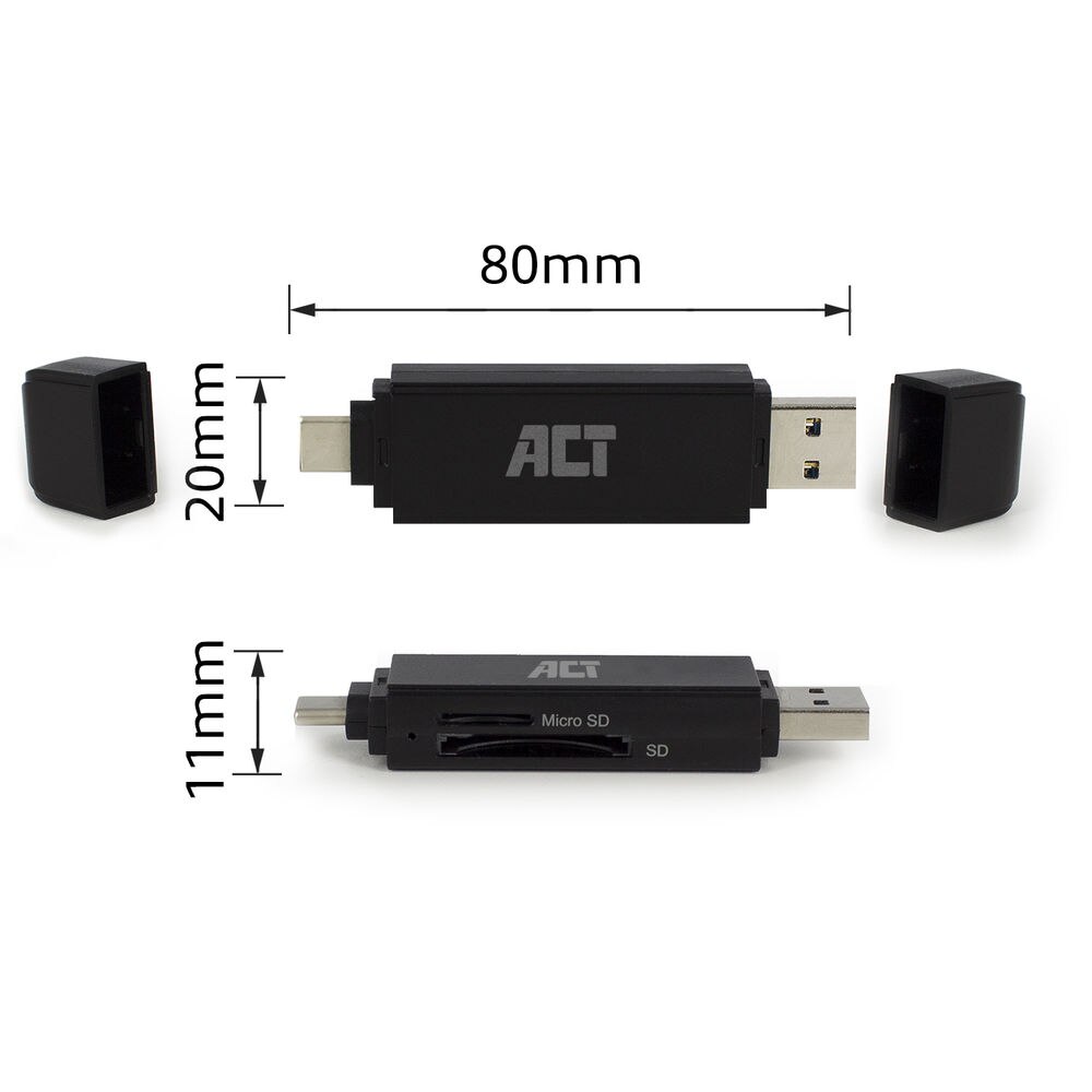 Cititor de carduri, ACT, USB-C/USB-A pentru carduri SD/micro SD, Negru ...