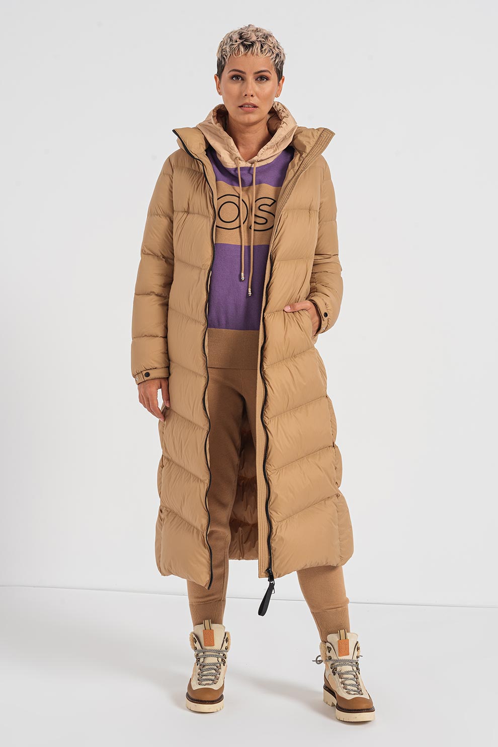 BOSS, Geaca lunga cu umplutura de puf Pamaxi, Maro, 38 - eMAG.ro