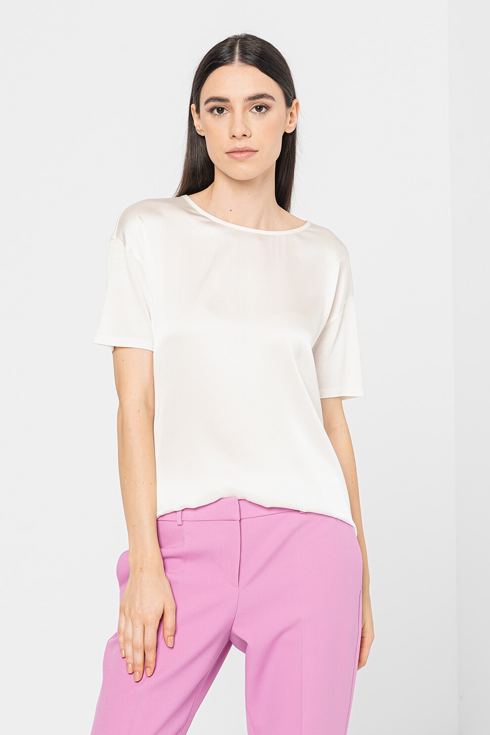 BOSS, Tricou de satin cu maneci cazute, Alb prafuit, L - eMAG.ro