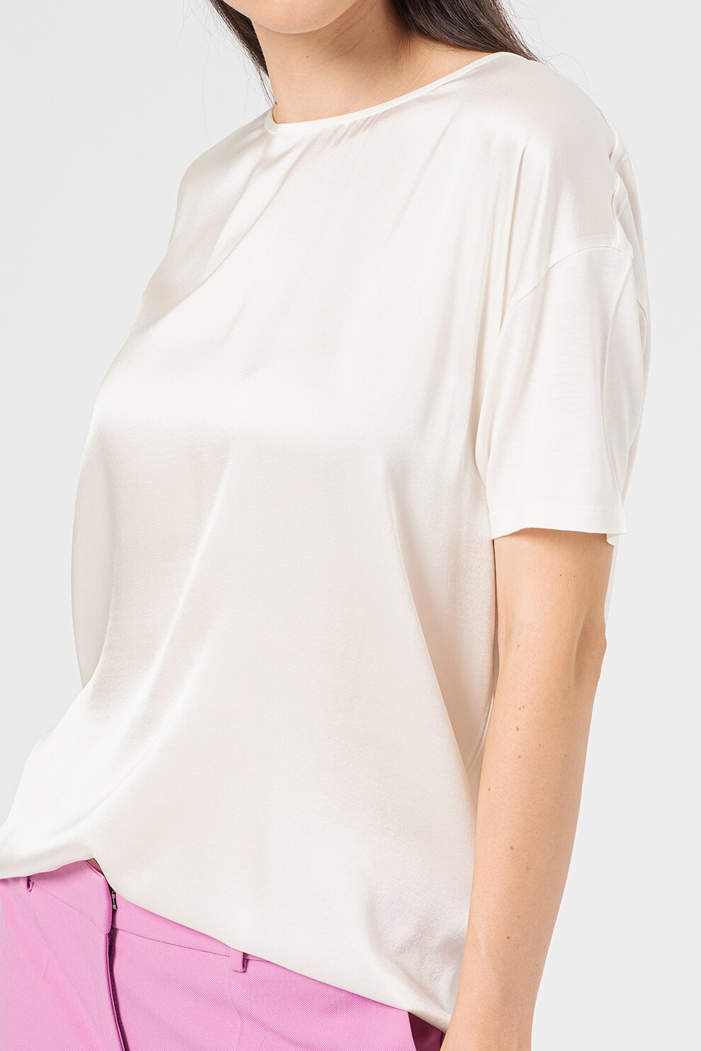 BOSS, Tricou de satin cu maneci cazute, Alb prafuit, L - eMAG.ro