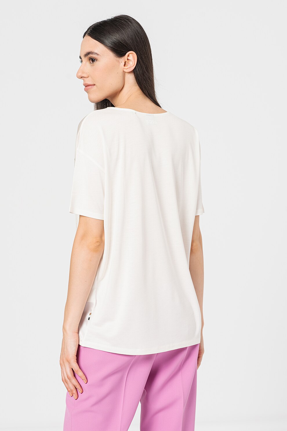 BOSS, Tricou de satin cu maneci cazute, Alb prafuit, L - eMAG.ro