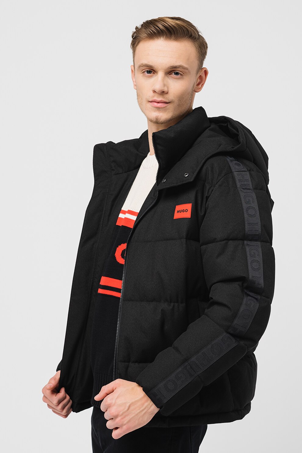 HUGO, Geaca cu fermoar si gluga, Negru, S - eMAG.ro