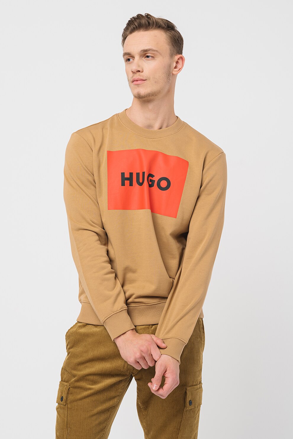 HUGO, Bluza de trening din bumbac cu imprimeu logo Duragol222, Camel, M ...