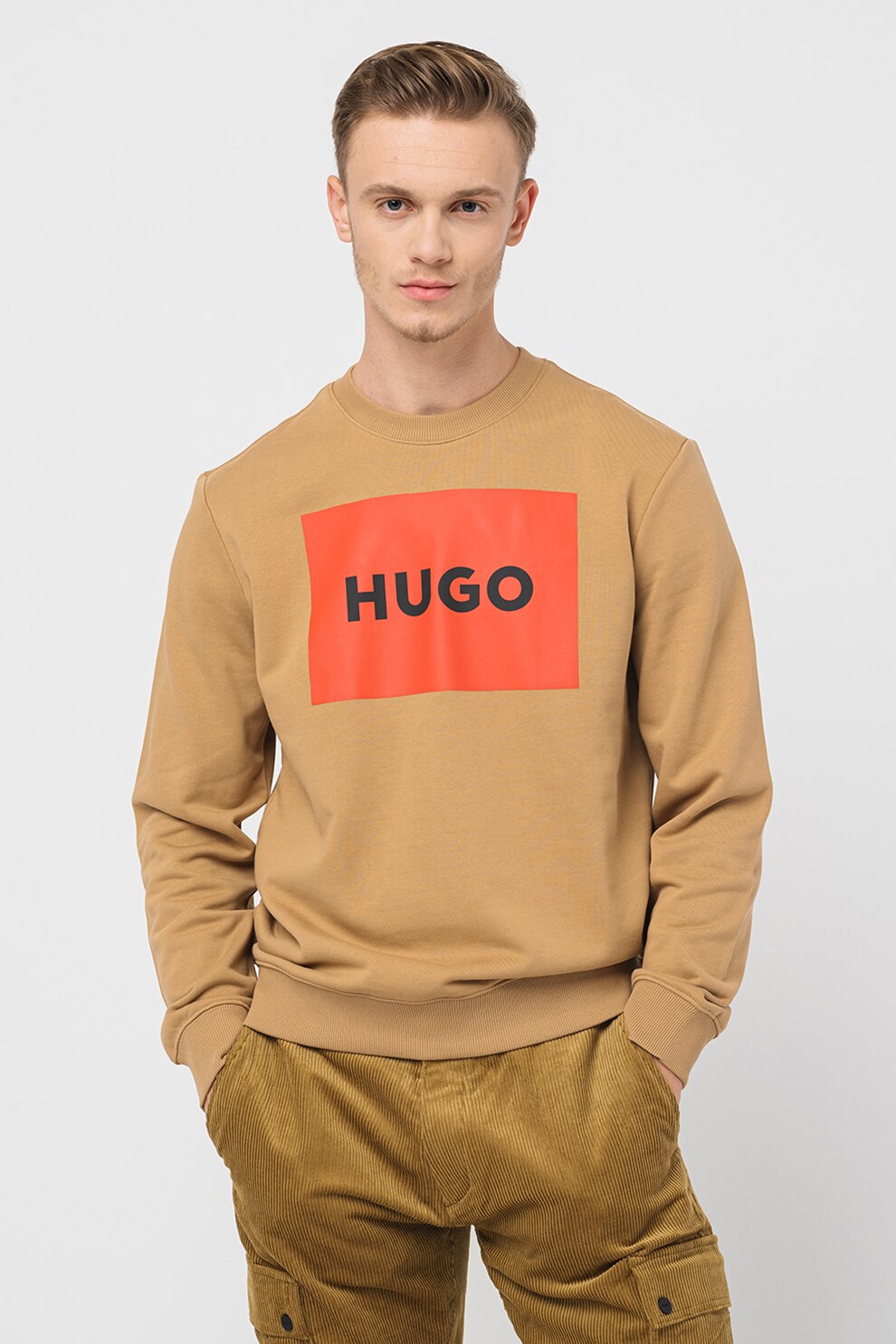 HUGO, Bluza de trening din bumbac cu imprimeu logo Duragol222, Camel, M ...