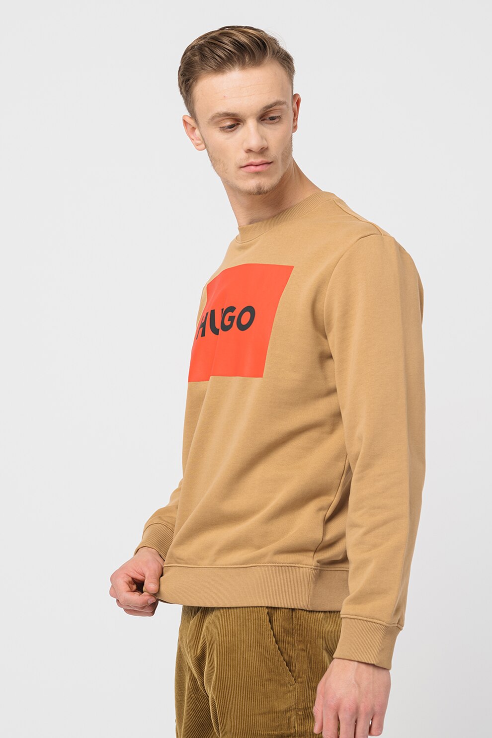 HUGO, Bluza de trening din bumbac cu imprimeu logo Duragol222, Camel, M ...