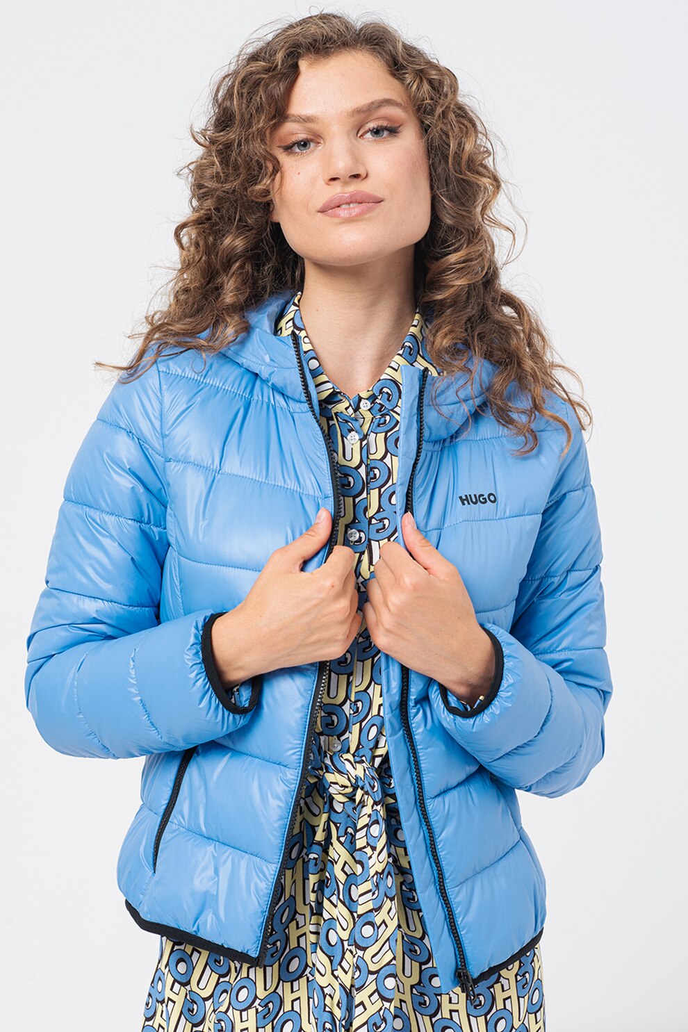 HUGO, Geaca impermeabila cu gluga si aspect matlasat Famara, Albastru ...