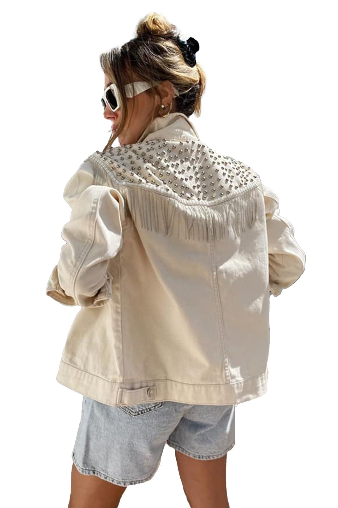 Geaca de blugi Neptun, cu aplicatii metalice, Crem, Marimea M - eMAG.ro