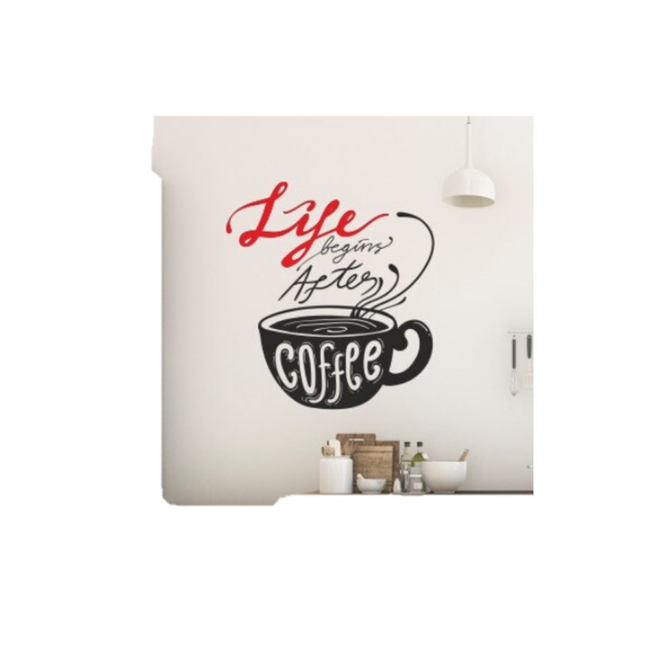Sticker faianta pentru bucatarie, cafea cu mesaj, life begins after ...