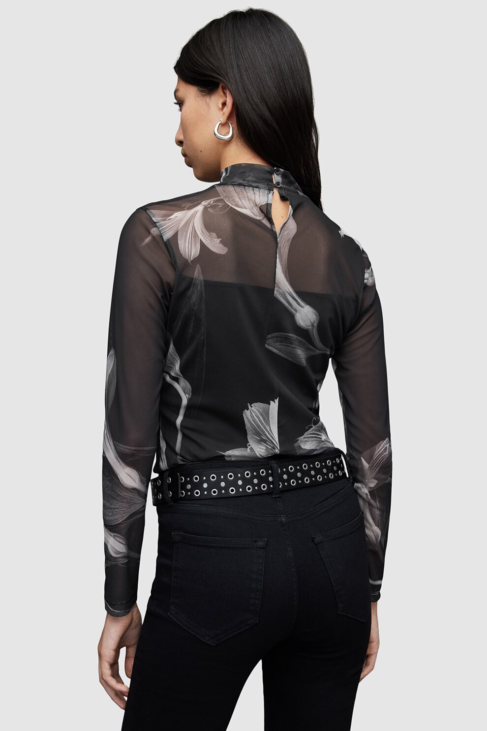 AllSaints, Body din plasa cu model floral Elia, Maro, Negru, Gri, 4 ...