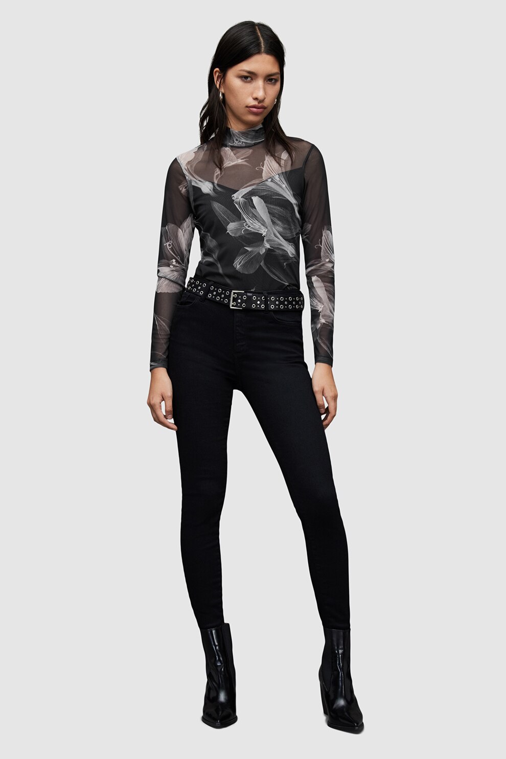 AllSaints, Body din plasa cu model floral Elia, Maro, Negru, Gri, 4 ...