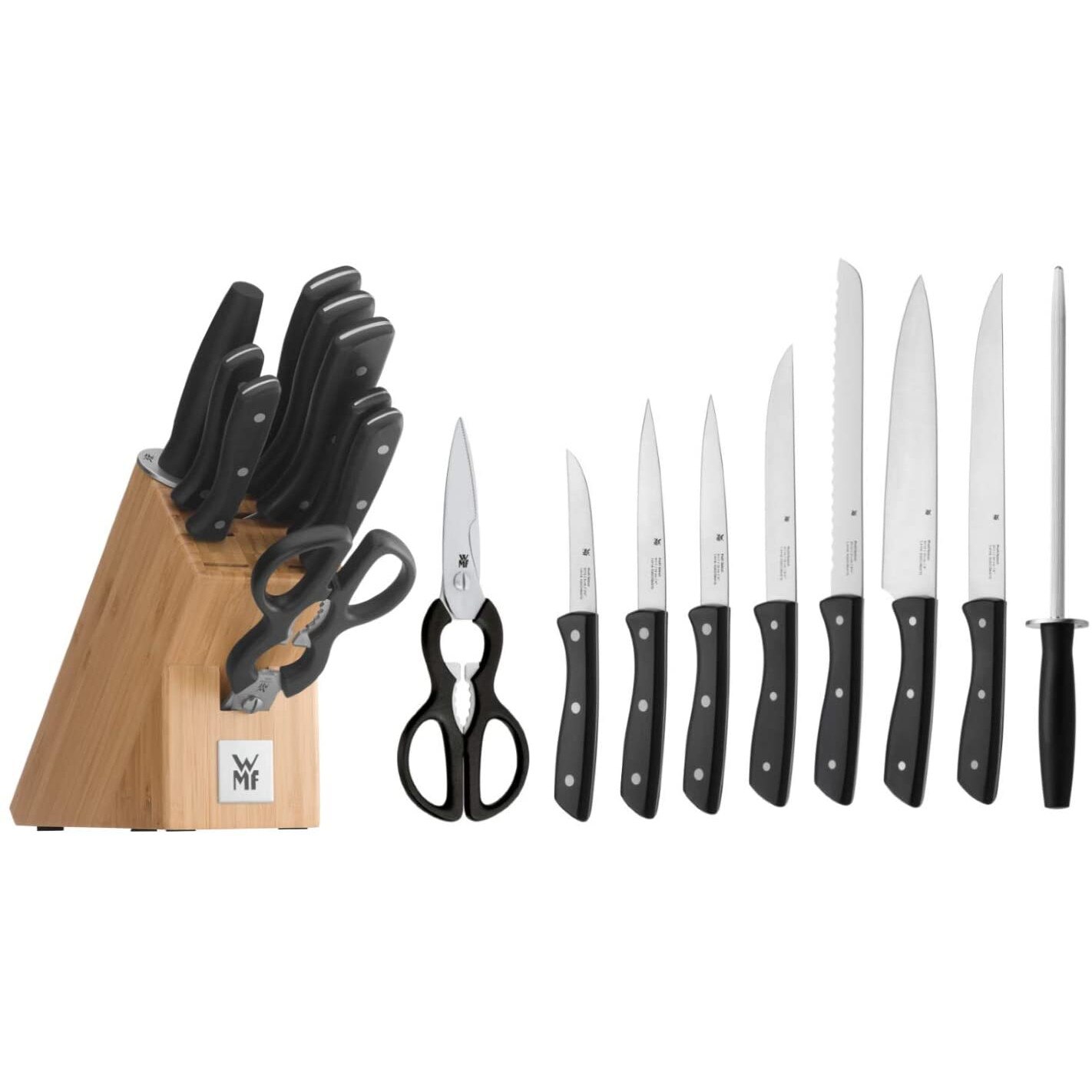 Set cutite WMF, 10 piese, foarfece, ascutitor, suport din bambus, Negru ...