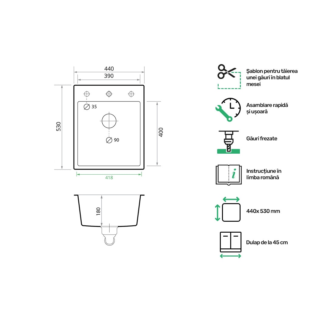 Chiuveta de Bucatarie Granit cu Sifon, 44x53 cm, Adancime 18 cm ...