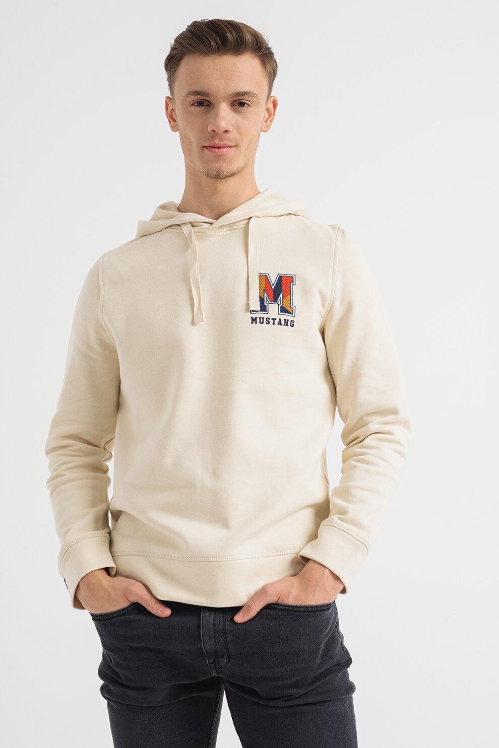 Mustang, Hanorac cu logo brodat Bennet, Crem, XL - eMAG.ro