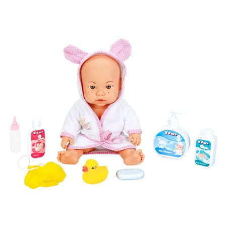 Set papusa bebe la baie cu halat alb si 7 accesorii pentru cadita, ATS ...