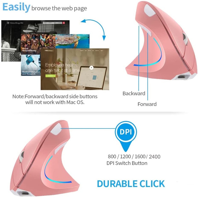 Mouse vertical, Ergonomic, 800/1200/1600/2400 Dpi, Wireless, Roz - eMAG.ro