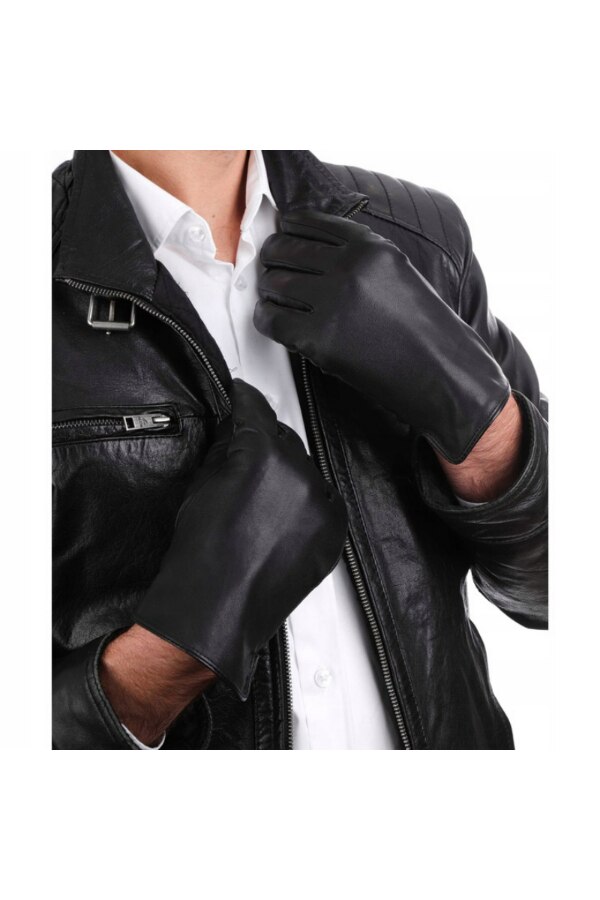 Manusi barbati, Piele naturala, Imprimeu uni, Negru, M - eMAG.ro