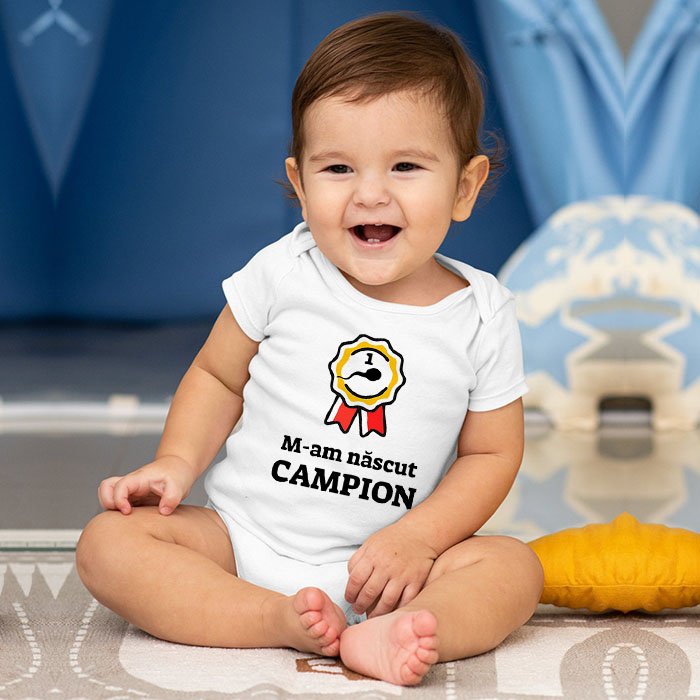 Body bebe personalizat - M-am nascut campion, alb, 100% bumbac, 6-12 ...
