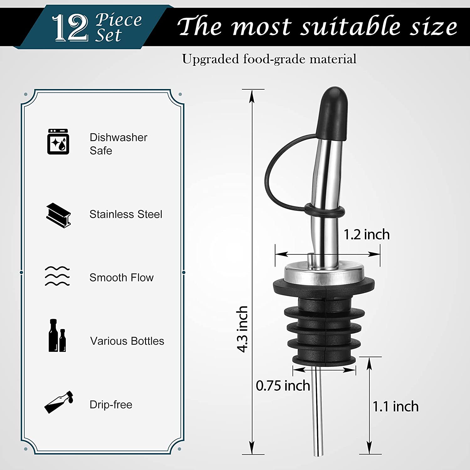 Set 12 dopuri sticle, Inox/Cauciuc, Marime universala, Negru/Argintiu ...