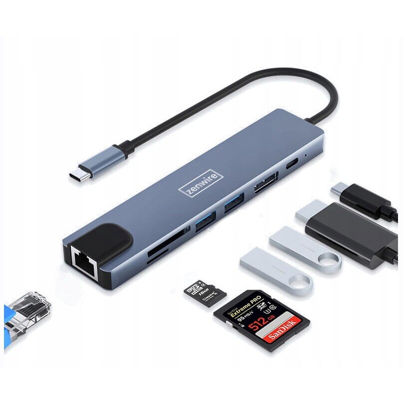 Adapter Hub 8 az 1-ben USB-C Displayport 8k 4k 144hz RJ45 SD Zenwire ...